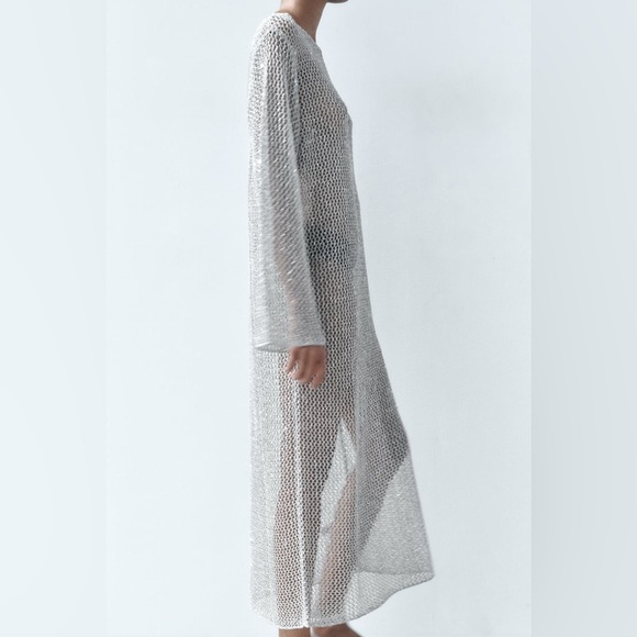 Zara | Dresses | Zara Silver Long Metallic Mesh Knit Dress | Poshmark